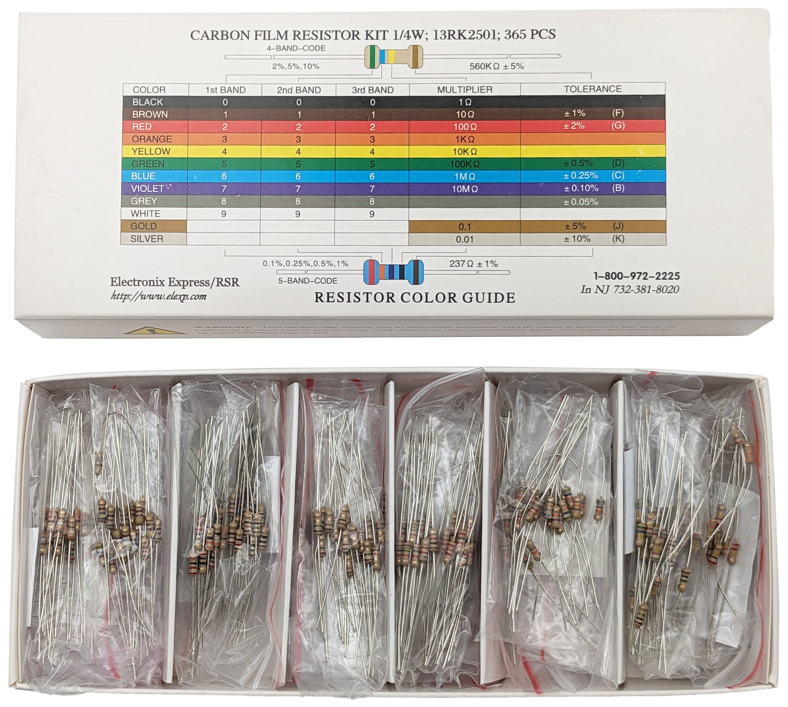 365 Piece Resistor Kit 1/4 Watt in Compartmentalized Cardboard Storage ...