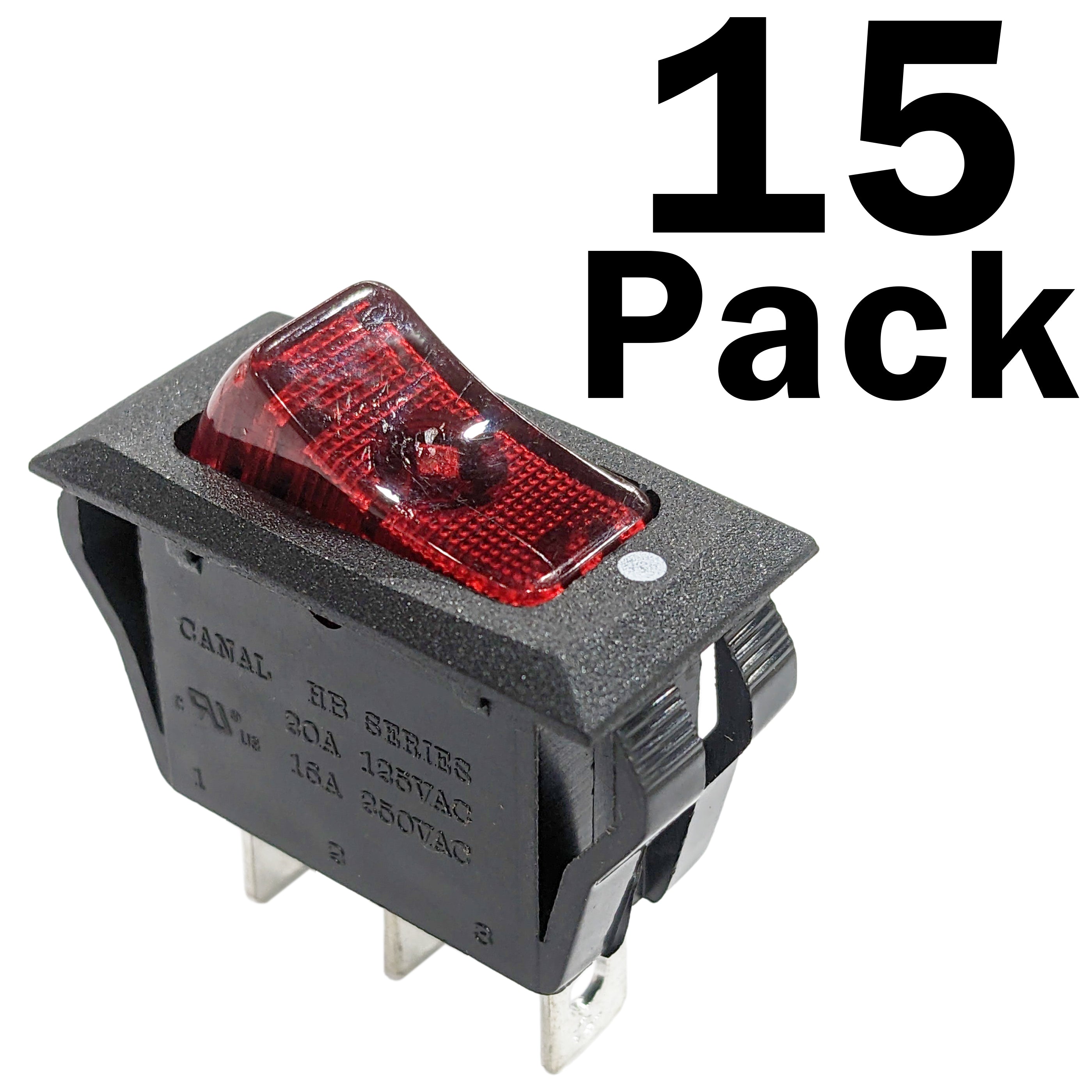 15 Pack Lighted Rocker Switch, 20A 125VAC / 16A 250VAC, Fits 1.125" x ...