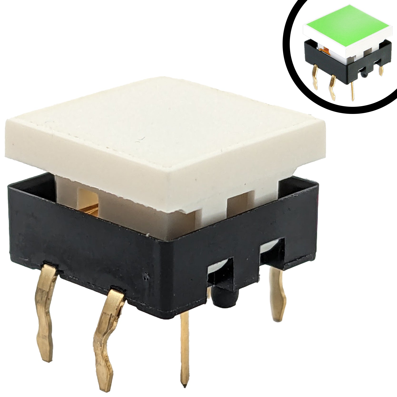 12mm PCB Push Button Switch with Illuminated Green LED, White Cap ...