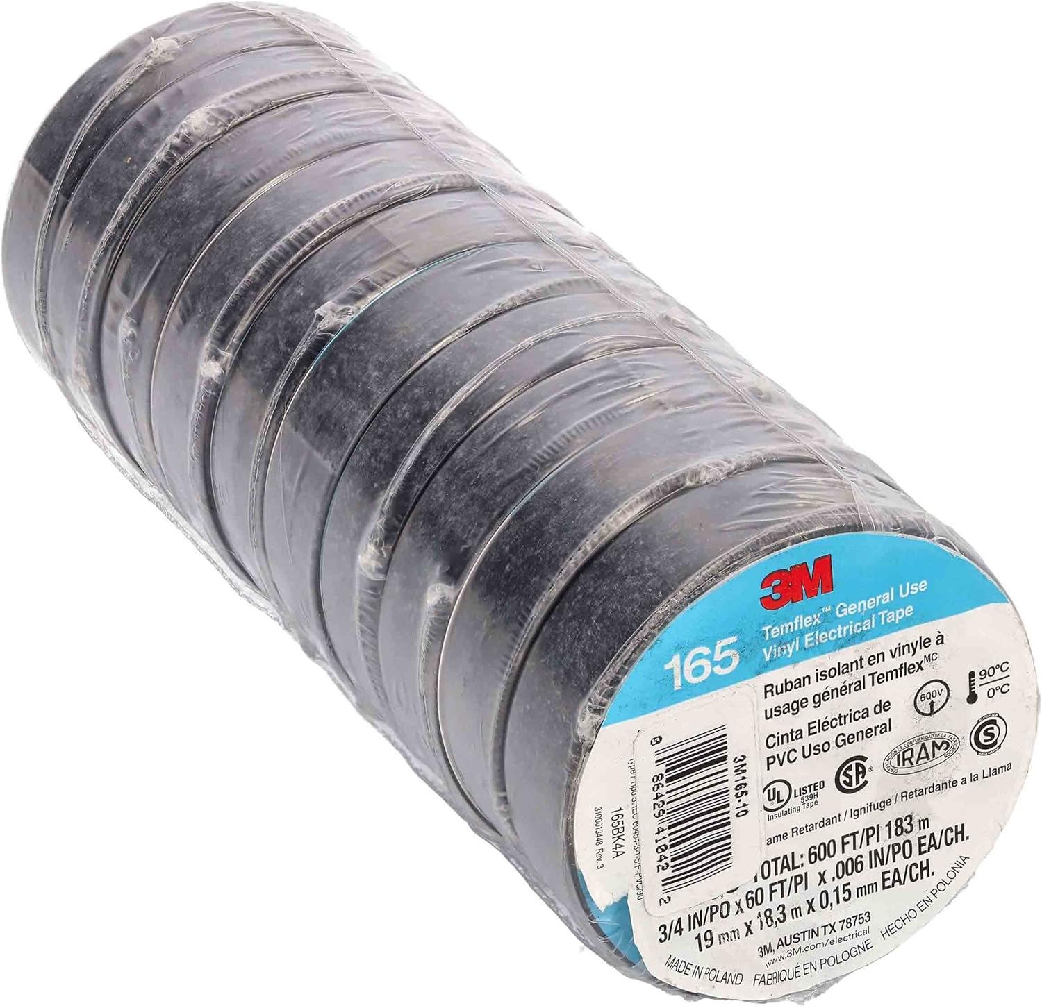 3M 10 Pack Vinyl Electrical Tape 60 Foot Roll, Width: 3/4 Inch, RoHS a ...