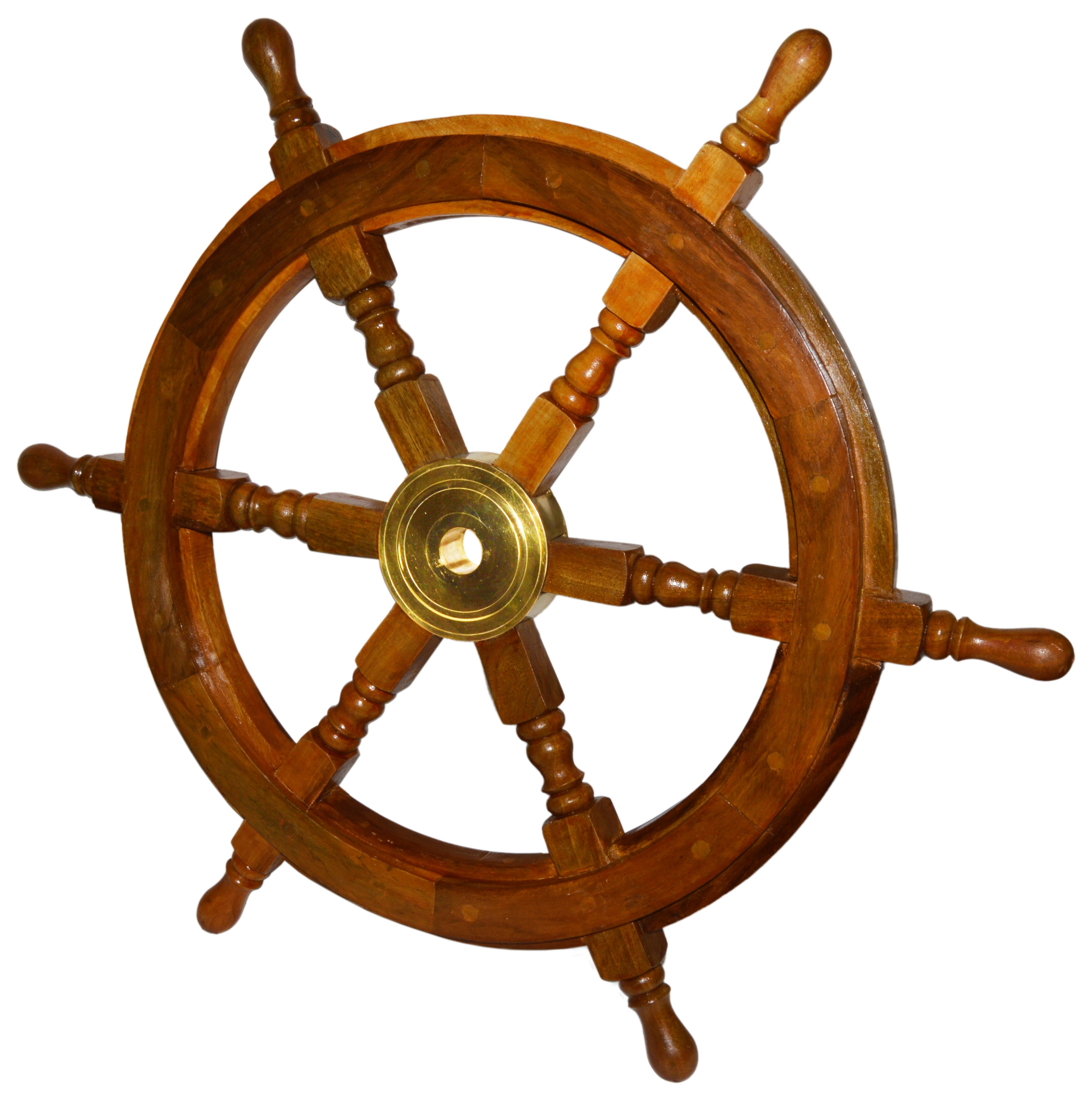 24 Inch Wooden Ship Wheel Wall Decoration with Brass Center Hub, Turne ...