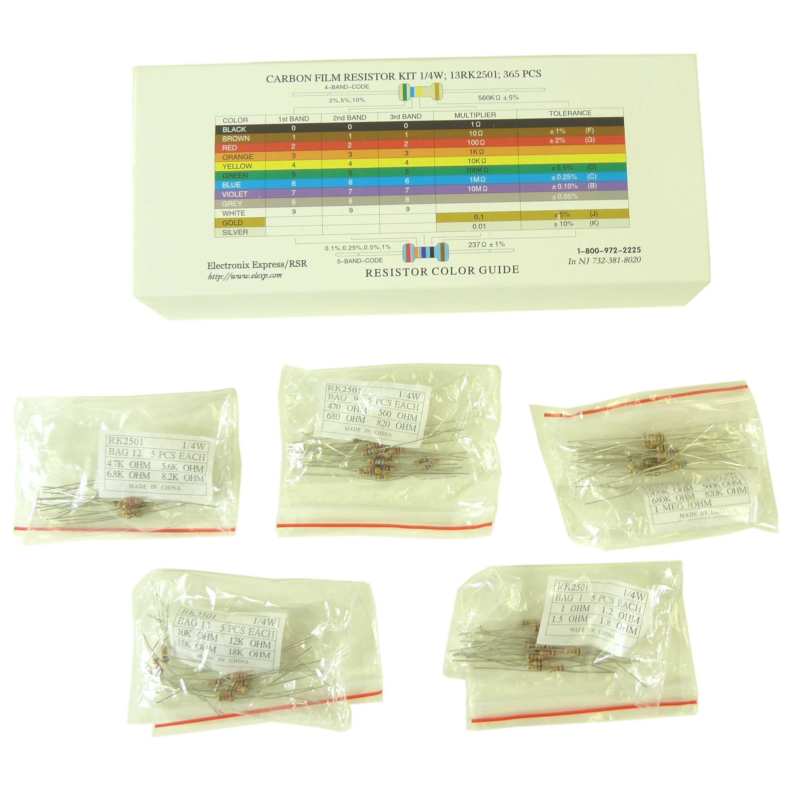 365 Piece Resistor Kit 1/4 Watt in Compartmentalized Cardboard Storage ...